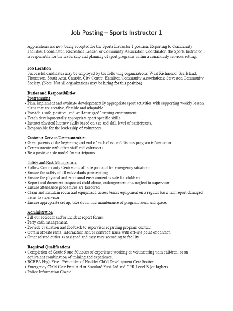 Sports Instructor 1 Job Posting | PDF | Leadership | First Aid