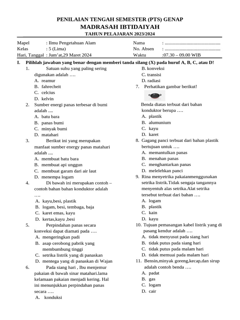 Soal PTS Genap IPA Kelas 5 TP. 2023-2024 | PDF
