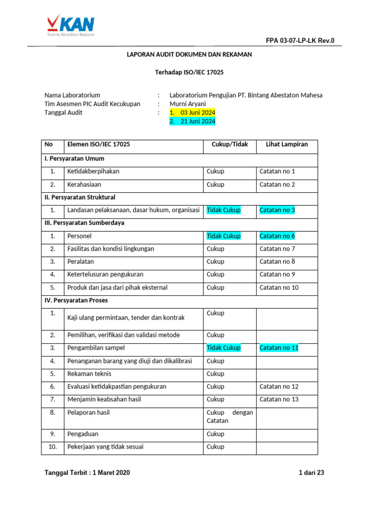 FPA 03 07 LP LK Laporan Audit Dokumen Dan Rekaman 17025 PT Bintang Abestaton 2 | PDF