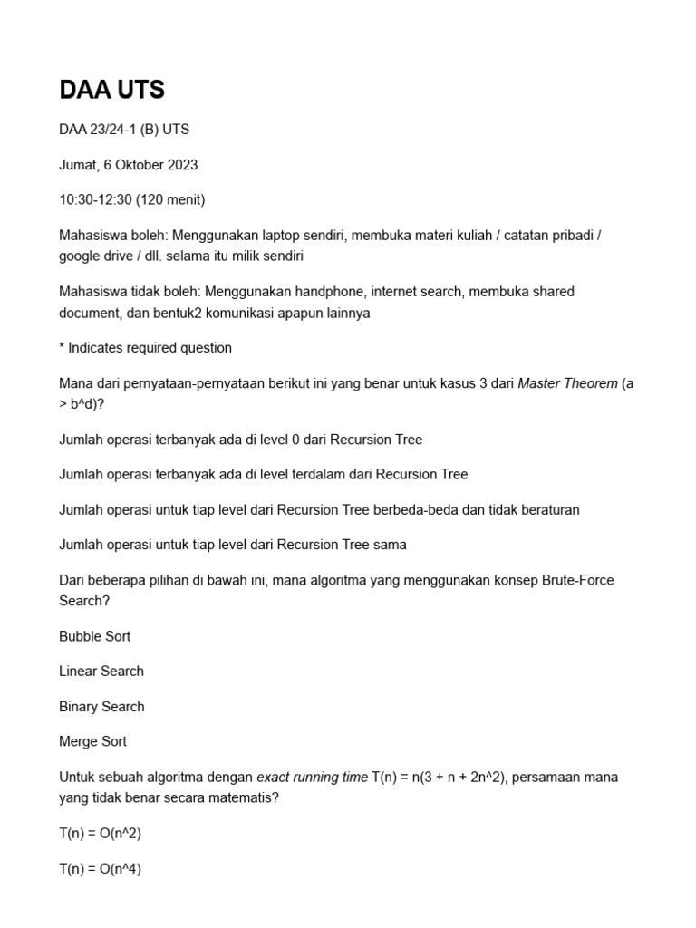 DAA (Desain Dan Analisa Algoritma) - UTS - 2023 - Gasal | PDF