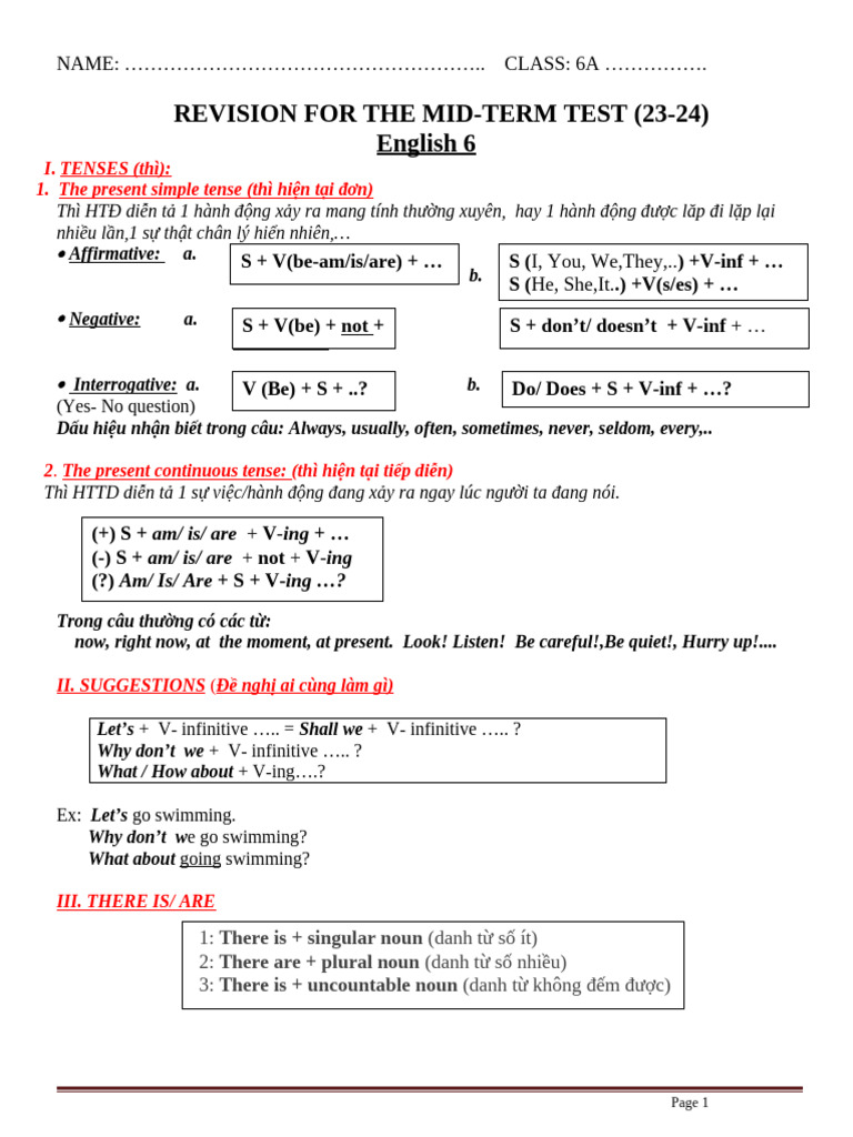 Grade 6 Mid-Term English Revision Guide | PDF | Languages | Foreign ...