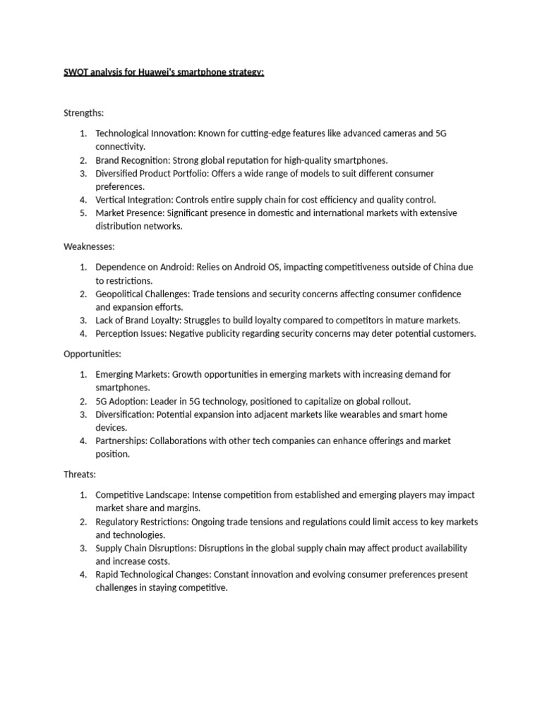 SWOT Analysis For Huawei | PDF | Smartphone | Market (Economics)
