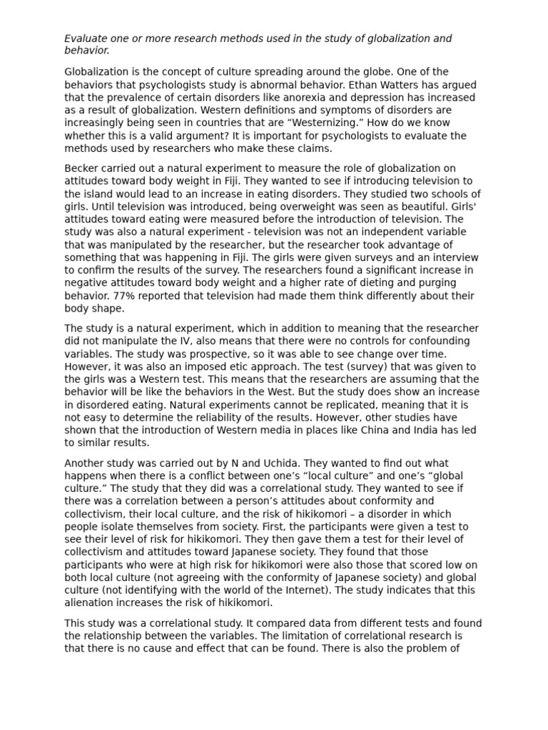 Globalization Research Methods | PDF | Experiment | Attitude (Psychology)