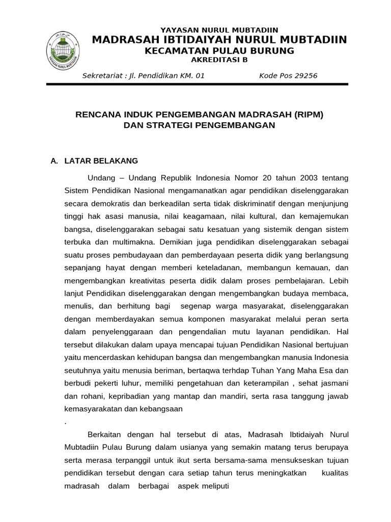 Rencana Induk Pengembangan Madrasah Ripm Dan Strategi Pengembangan ...