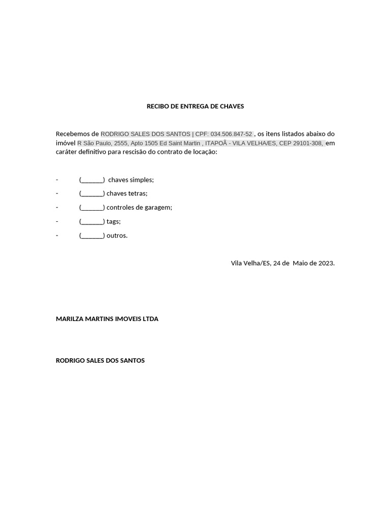 Recibo de Entrega de Chaves | PDF