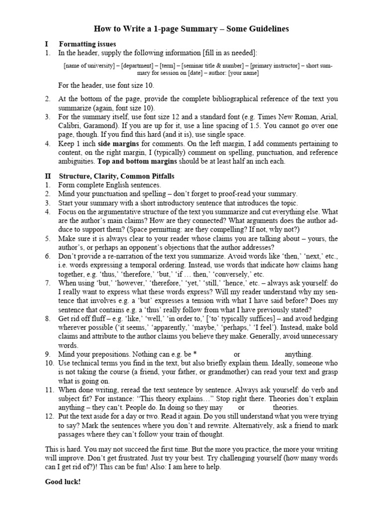 Guidelines for Writing a 1-Page Summary | PDF | Linguistics