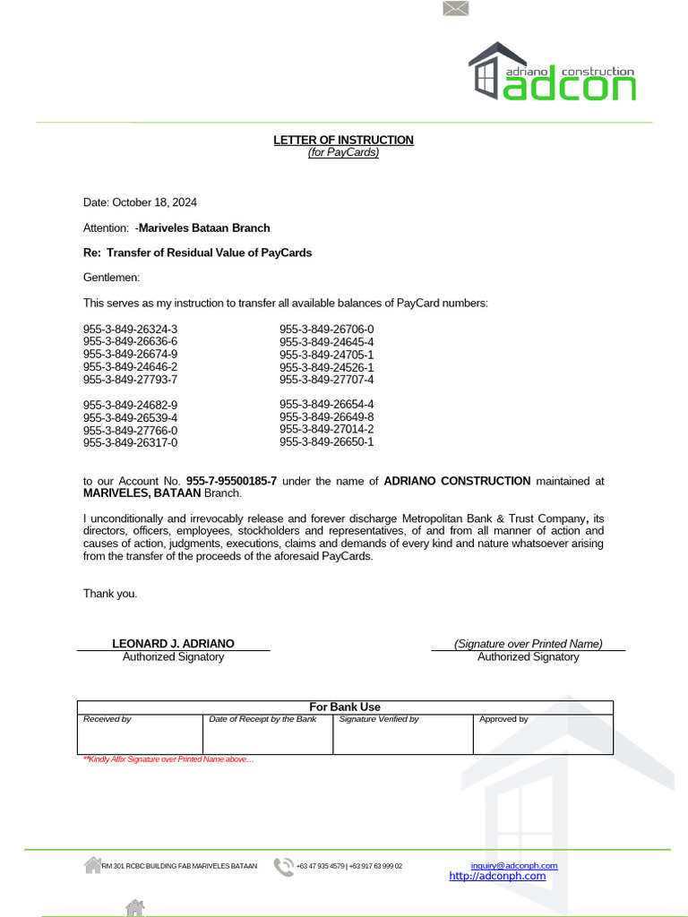 Letter of Instruction (LOI) For Bulk Sweeping of PayCards (Sweep Only ...