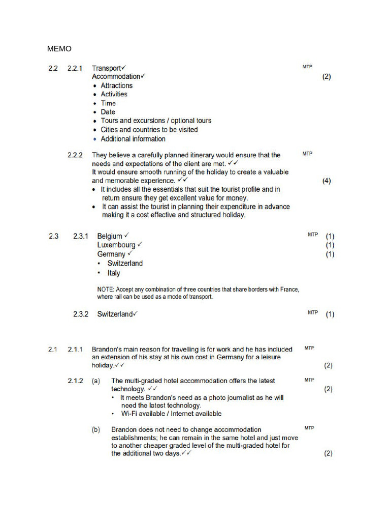 Tour Planning Grade 11 Classworks Memo | PDF