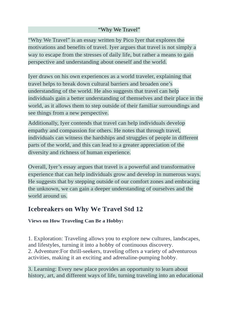 STD 12 English Why We Travel | PDF | Experience | Tourism