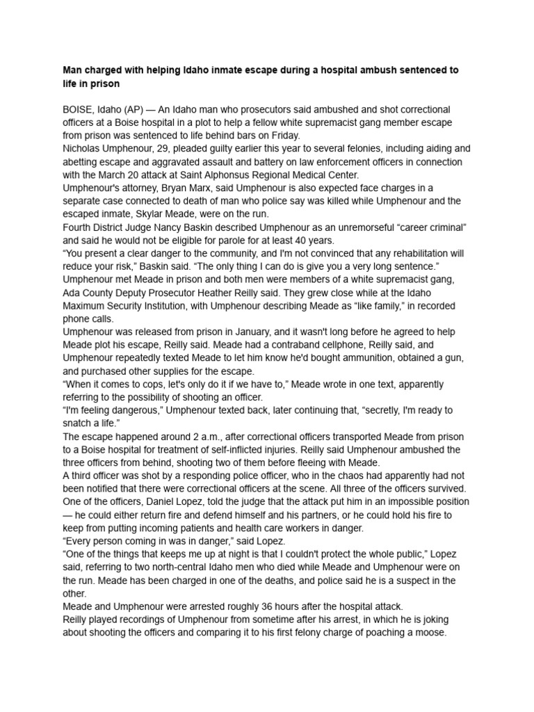 Man Charged With Helping Idaho Inmate Escape During A Hospital Ambush Sentenced To Life in ...