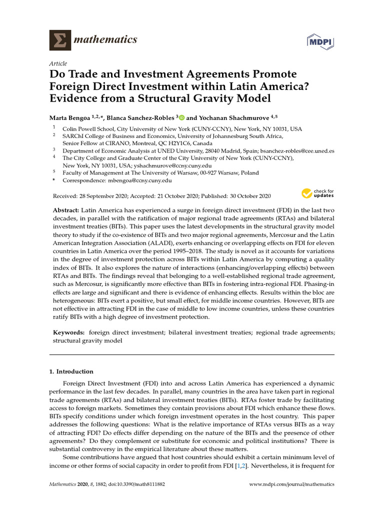 (D) 2020-Do Trade and Investment Agreements Promote Foreign Direct Investment Within Latin ...