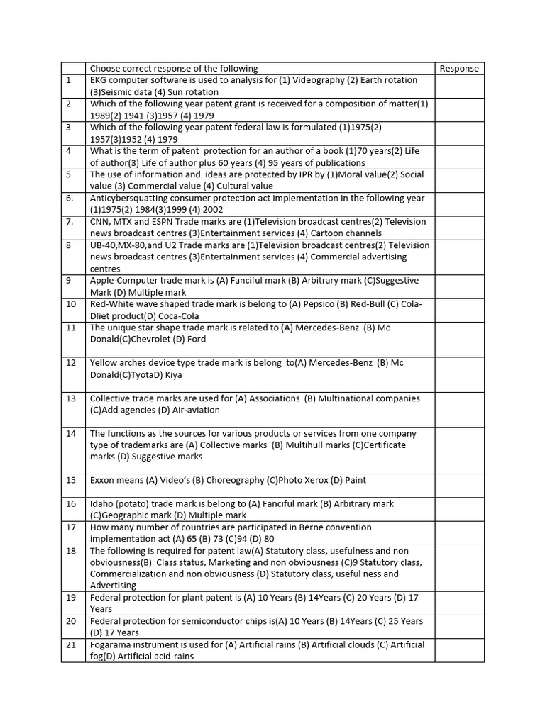 IPR (Mutiple Questions) | PDF | Trademark IPR (Mutiple Questions) | PDF | Trademark