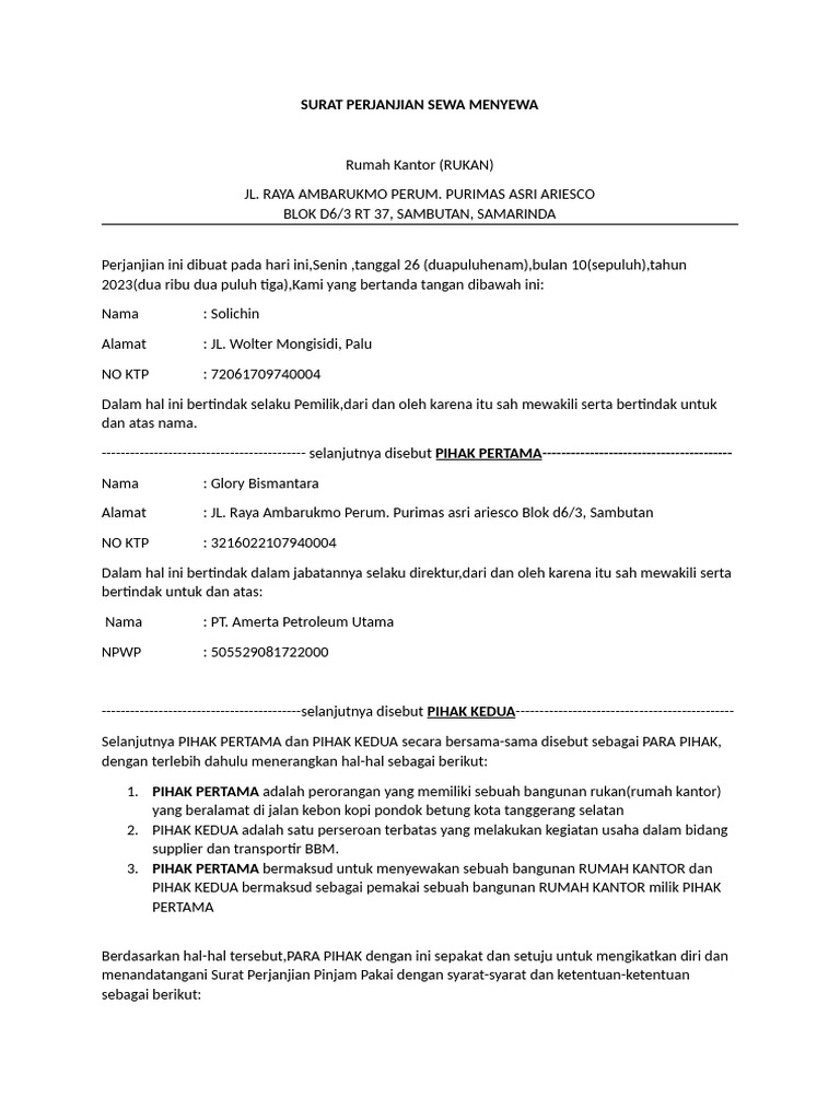Surat Perjanjian Sewa Ruko | PDF