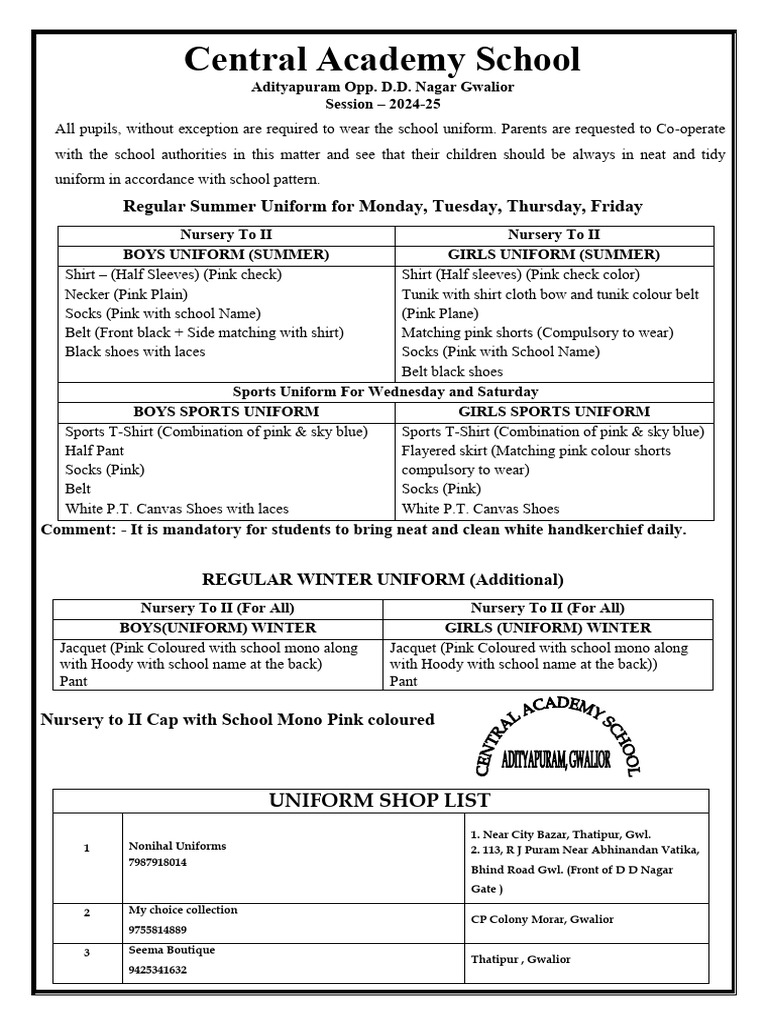 Central Academy School Uniform 2024-25 | PDF | Trousers | Softlines ...