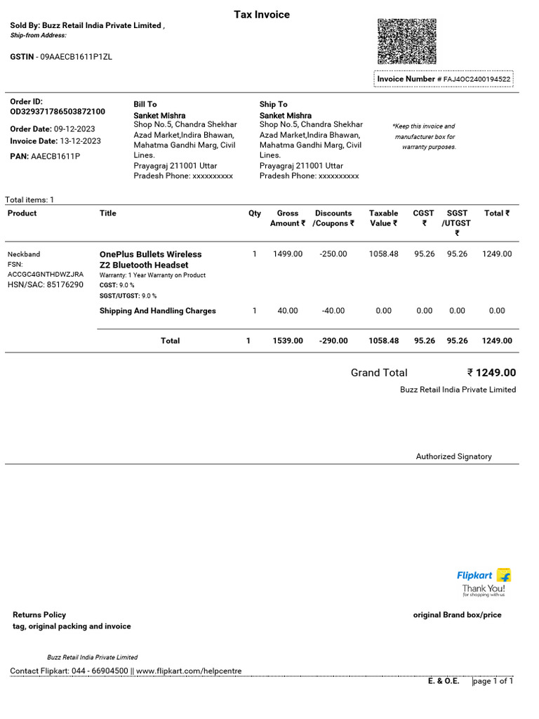 OnePlus Bullets Wireless Z2 Invoice | PDF