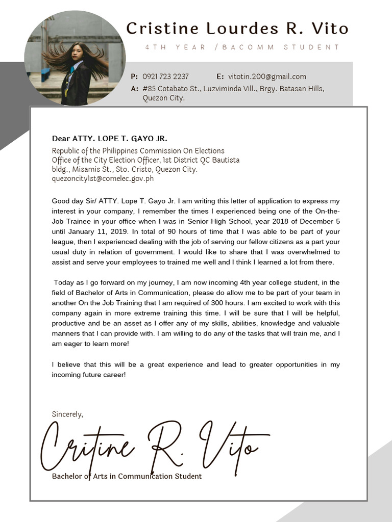 Application Letter of Vito, Cristine Lourdes R. 4th Year BACOMM | PDF