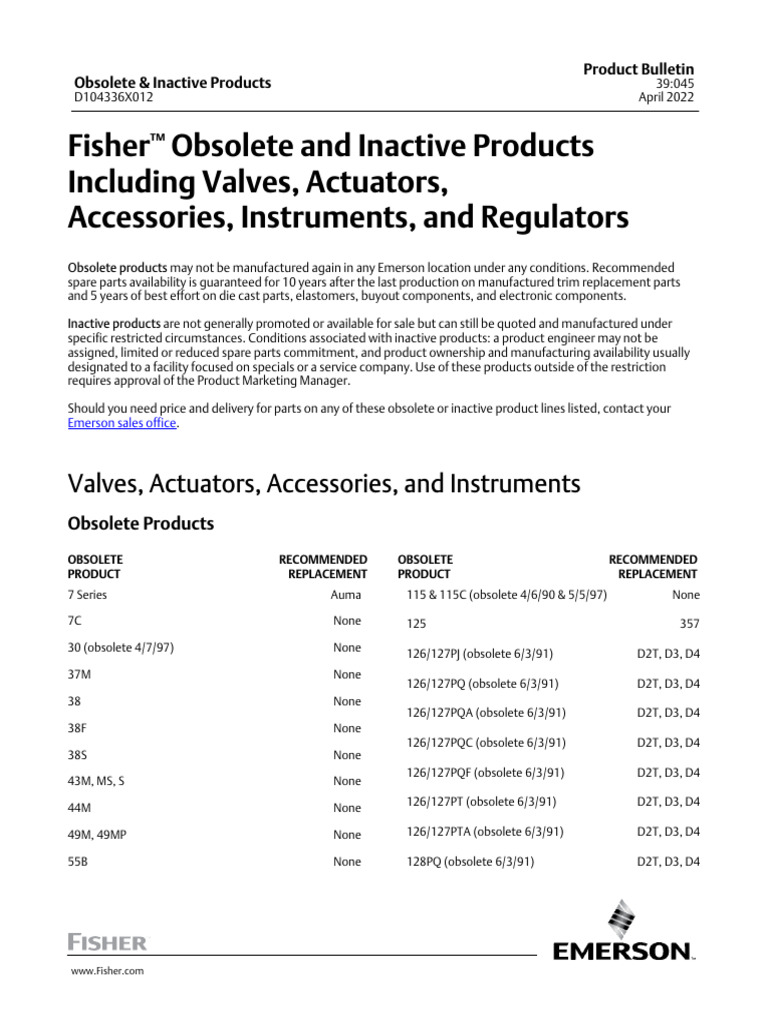 Product Bulletin Fisher Obsolete Inactive Products Including Valves ...
