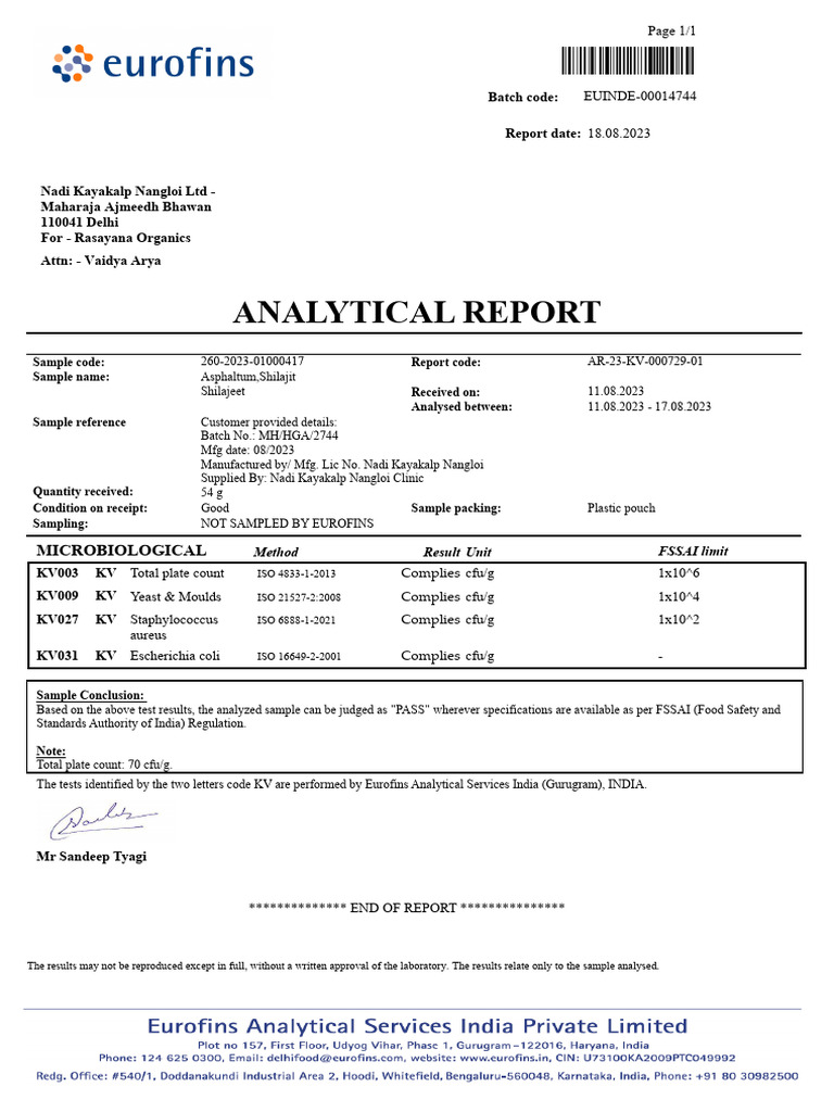 Shilajit Eurofins Micro & Heavy - COA | PDF | Colony Forming Unit