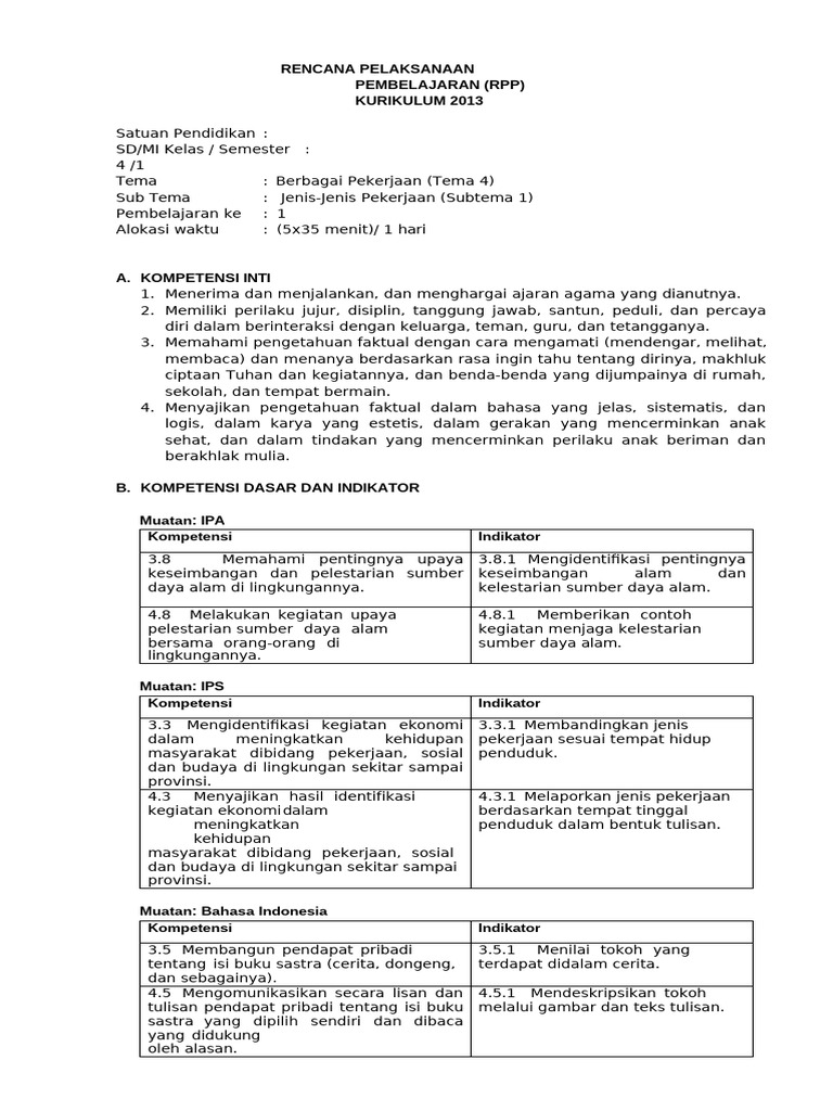 RPP K13 Kelas 4 Tema 4 Berbagai Pekerjaan Subtema 1 Jenis Jenis Pekerjaan Pembelajaran 1 | PDF ...