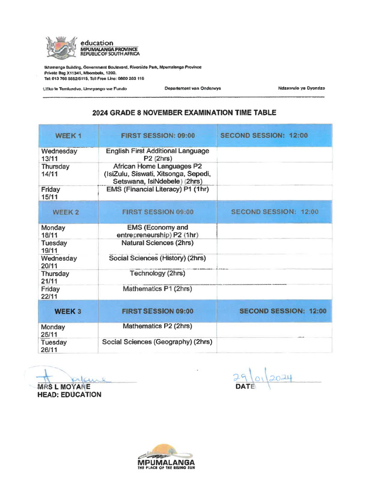 November 2024 Examination Time Table For Intervention Tests | PDF