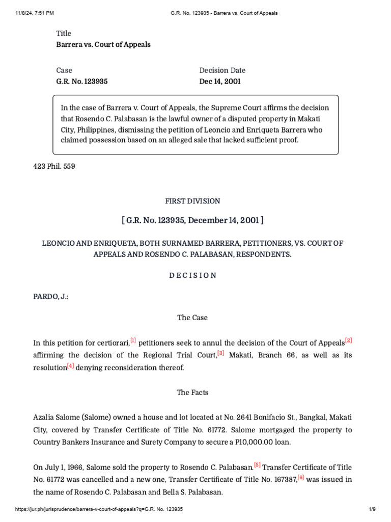 Barrera v. Court of Appeals Case Summary | PDF | Judgment (Law) | Lease