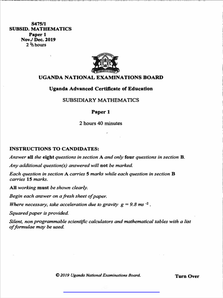 Uace Subsidiary Mathematics Paper 1 2019 | PDF | Cartesian Coordinate ...