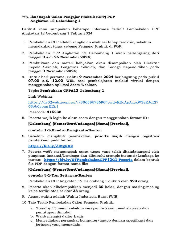 Informasi Pembekalan CPP - A12 - Gelombang 1 | PDF