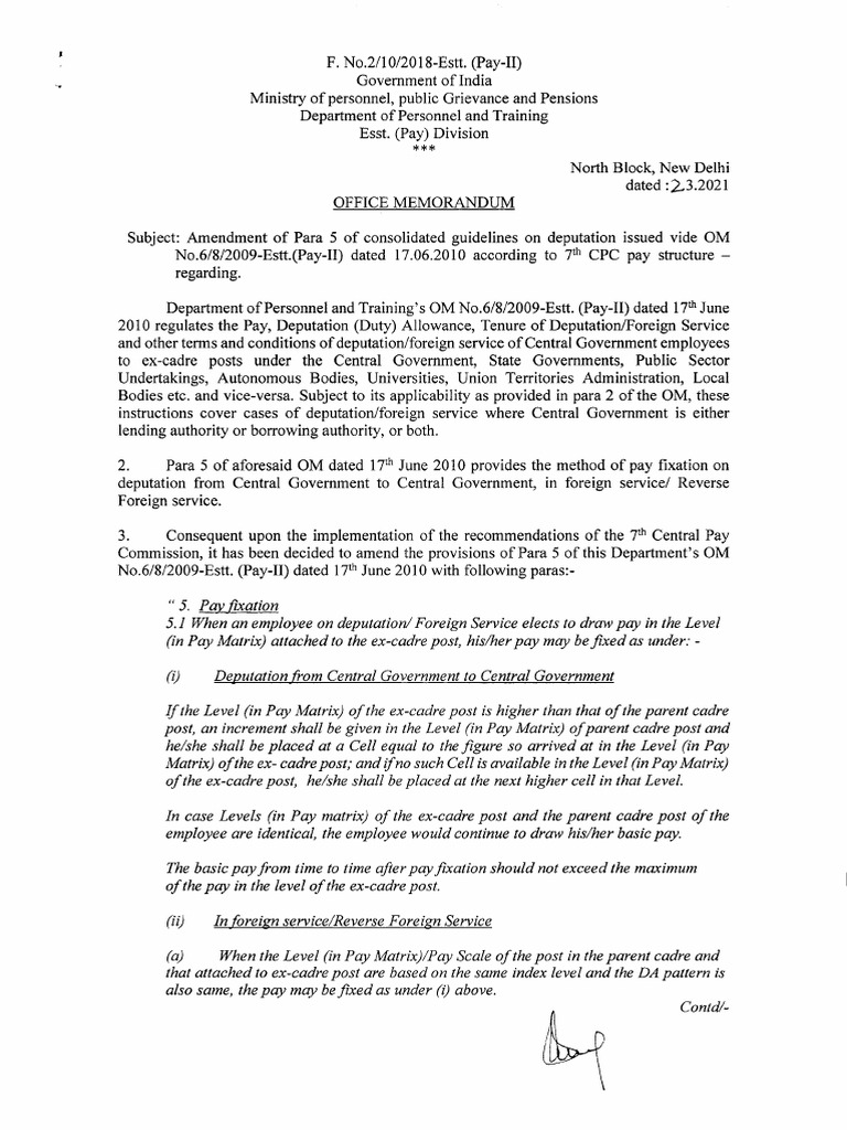Amendment of para 5 of Consolidated Guidelines On Deputation DoPT Orders PDF Download | PDF ...