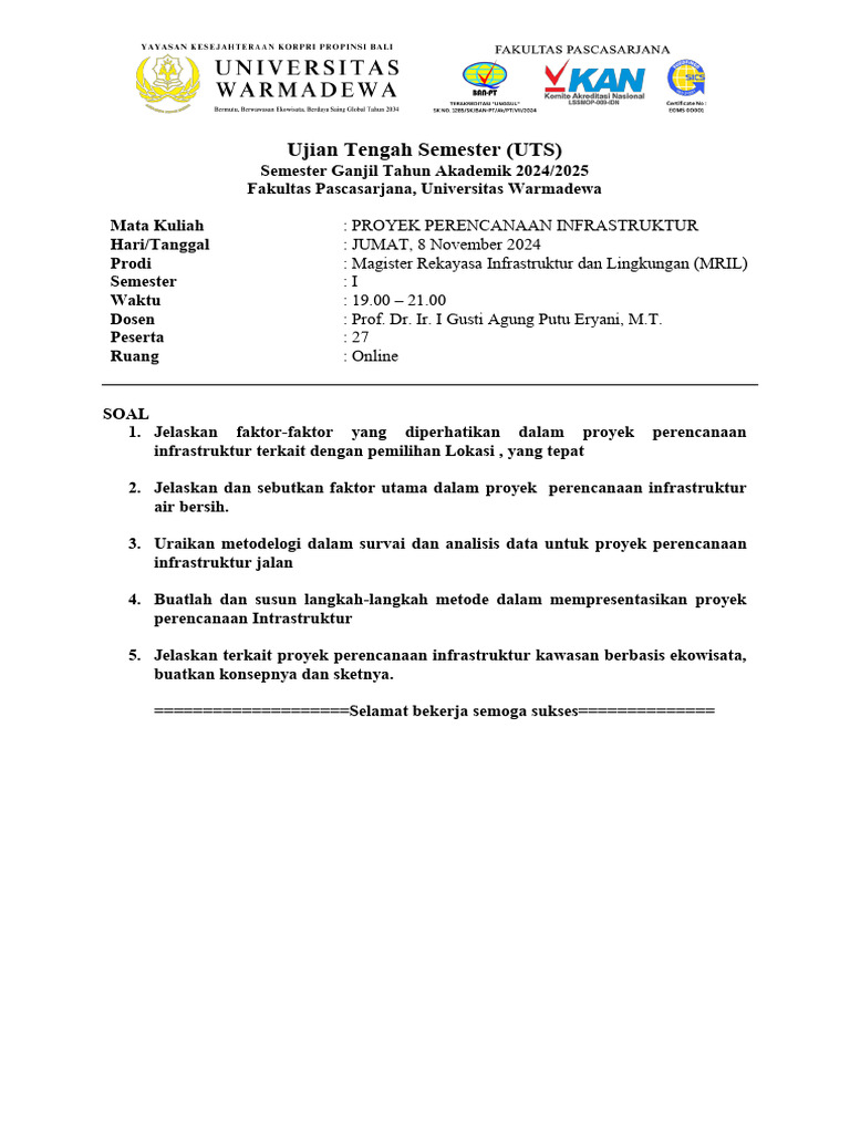 Format - Lembar - Soal - UTS - MRIL Perenc. Proyek Infra | PDF