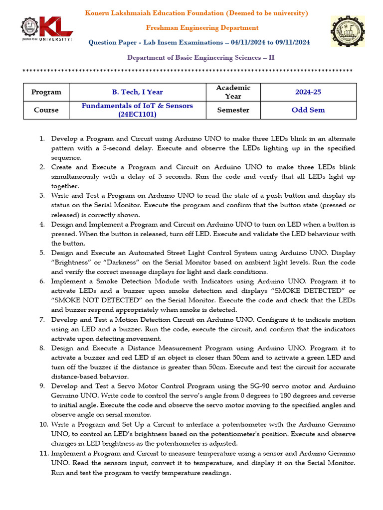 FIS - Lab Insem Question Paper | PDF | Servomechanism | Arduino