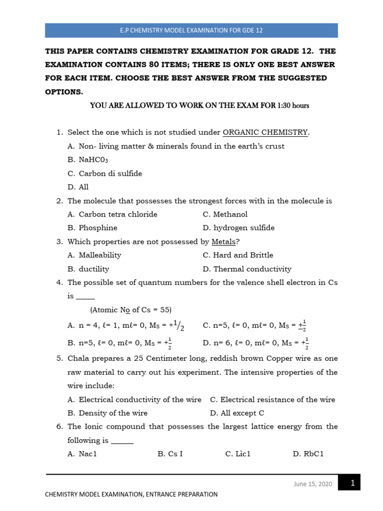 Chemistry E.P Model Exam G12 | PDF | Chemistry | Electrical Resistivity ...