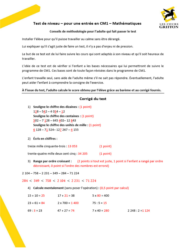 Test de niveau maths pour CM1 | PDF | Mathématiques