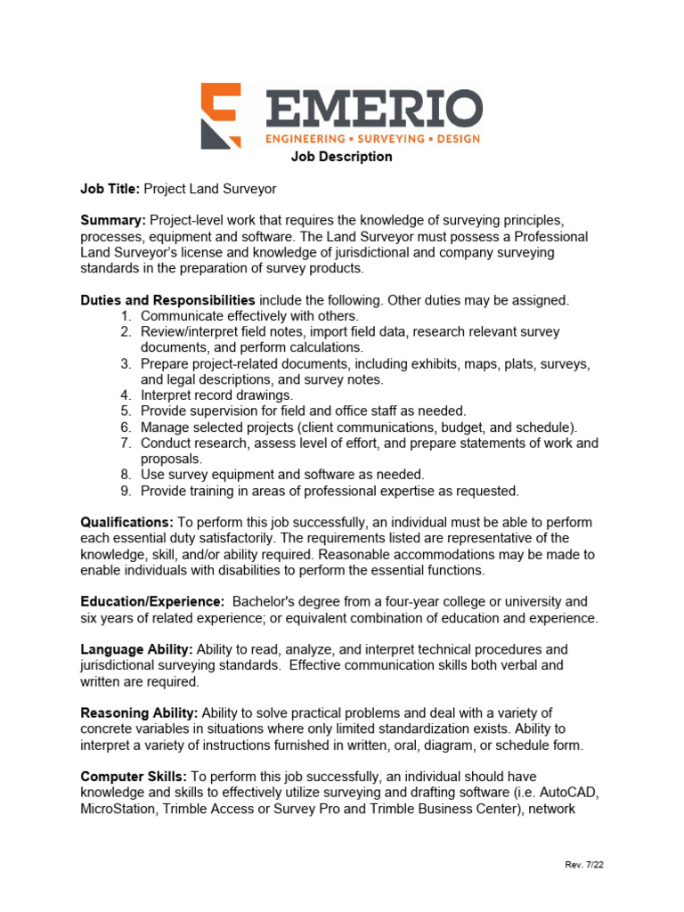Project Land Surveyor Job Description | PDF | Surveying | Communication
