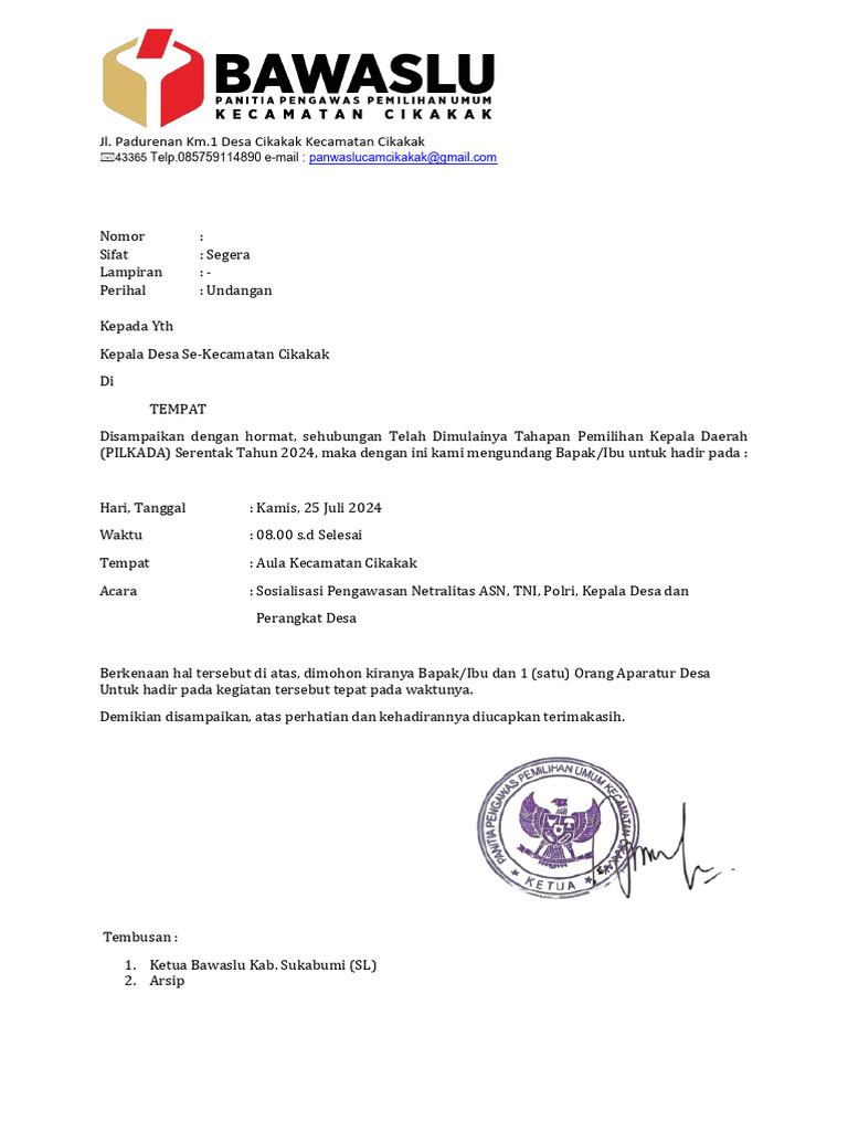 Undangan Sosialisasi Pengawasan Pilkada 2024 | PDF