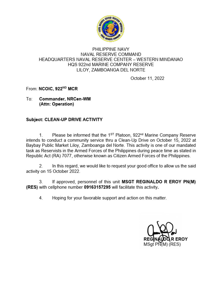 PHILIPPINE NAVY Cleanup Drive Naval Letter Format | PDF | Business