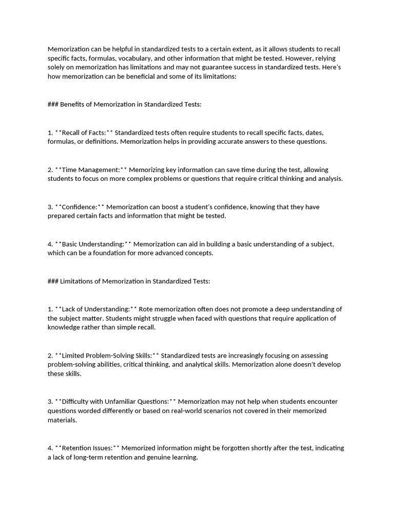 Memorization Can Be Helpful in Standardized Tests To A Certain Extent ...