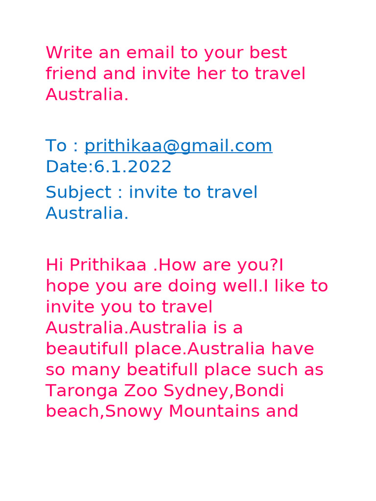 Write An Email To Your Best Friend and Invite Her To Travel Australi1 | PDF