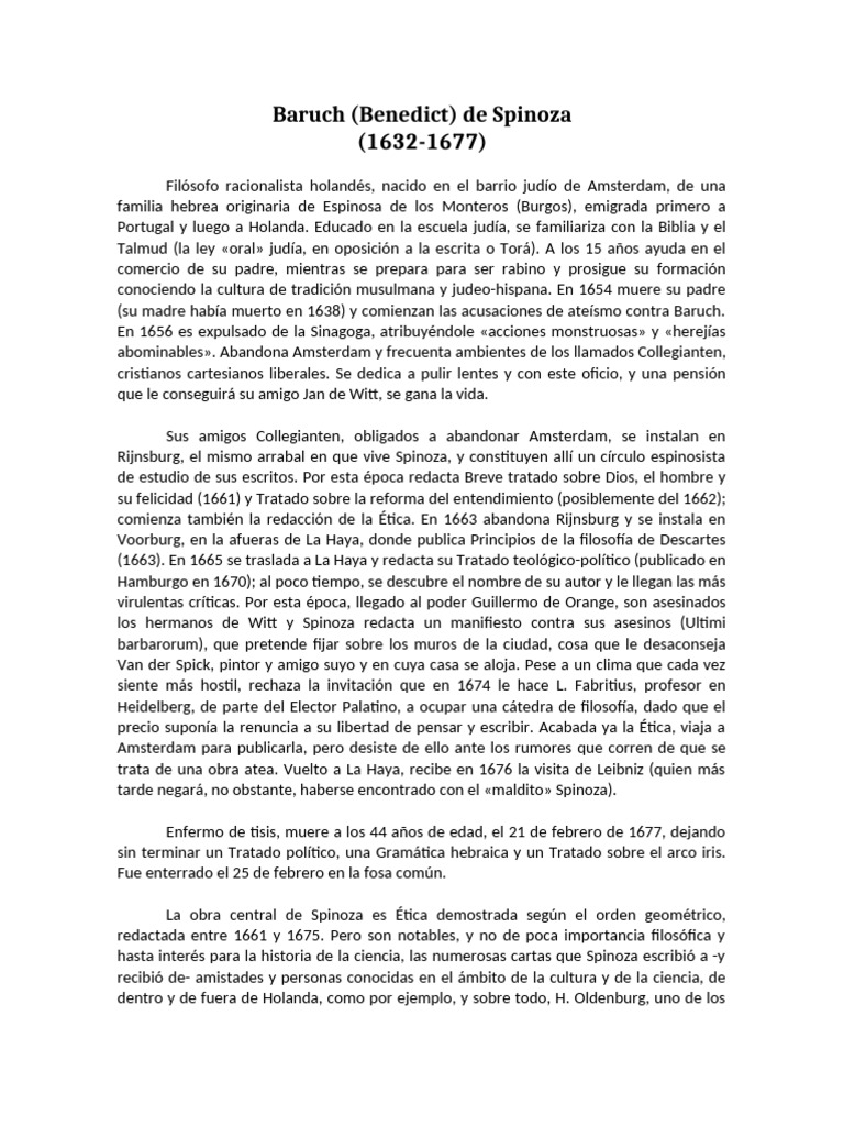Vida y obra de Baruch Spinoza | PDF | Baruch Spinoza | Teoría de sustancias