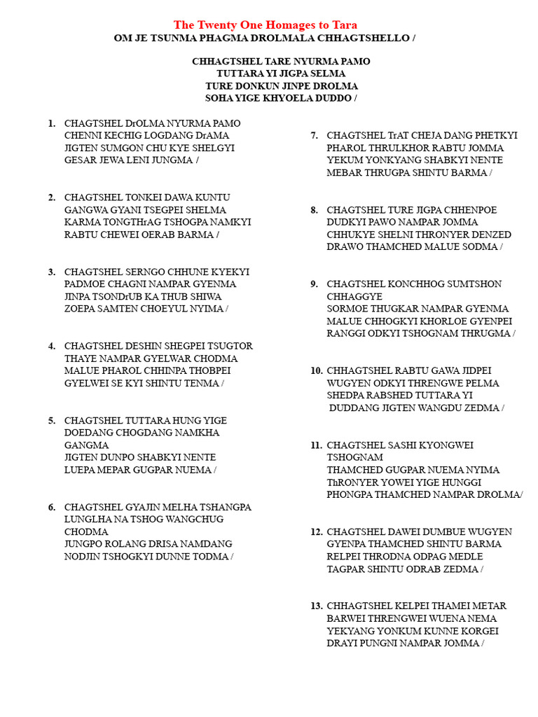 The Twenty One Homages To Tara | PDF | Self-Improvement | Wellness