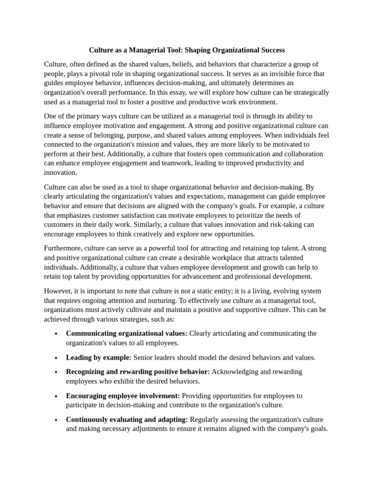 Culture As A Managerial Tool | PDF | Organizational Culture | Motivational