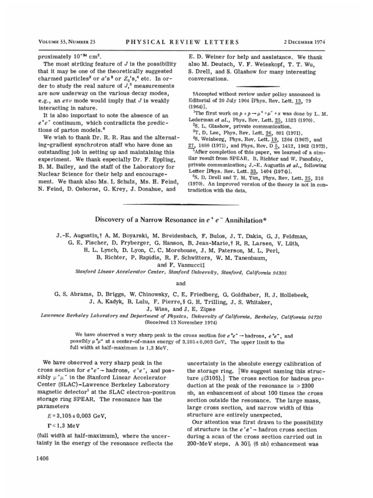 Artículo Sobre El Descubierto Del Quark Charm | PDF | Cross Section (Physics) | Electronvolt