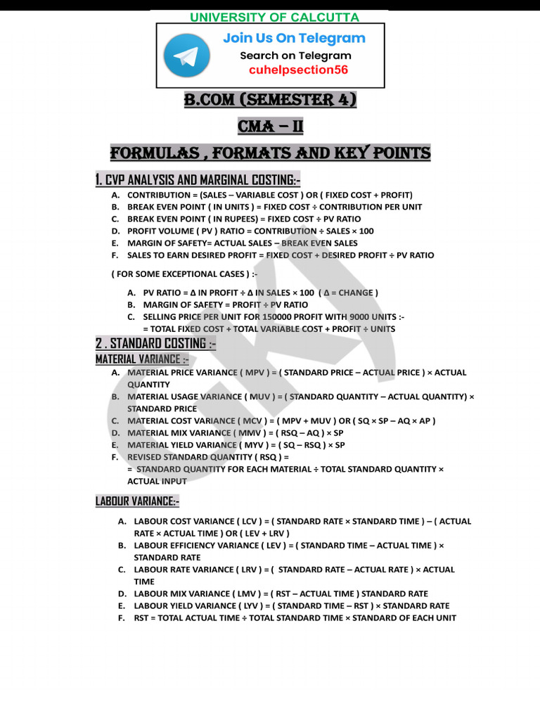 CMA-II - FORMULAS (Sem - IV) | PDF