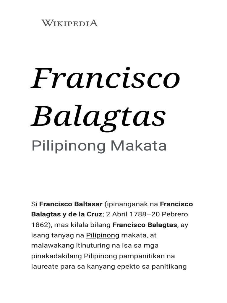Francisco Balagtas - Wikipedia, Ang Malayang Ensiklopedya | PDF