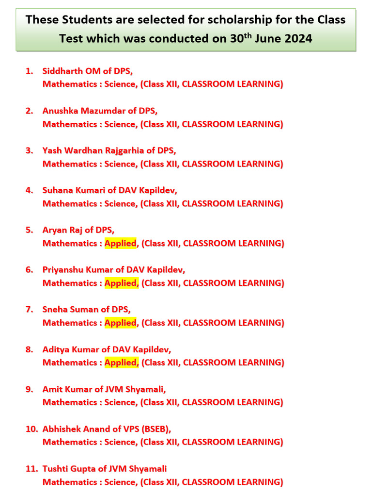 Class XII Math Scholarship Winners | PDF | Sports & Recreation