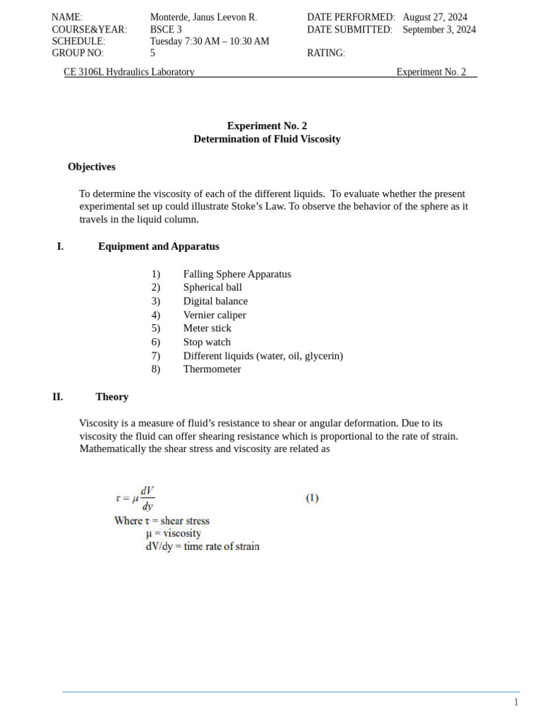 Experiment No. 2 Viscosity of Liquid | PDF | Viscosity | Reynolds Number