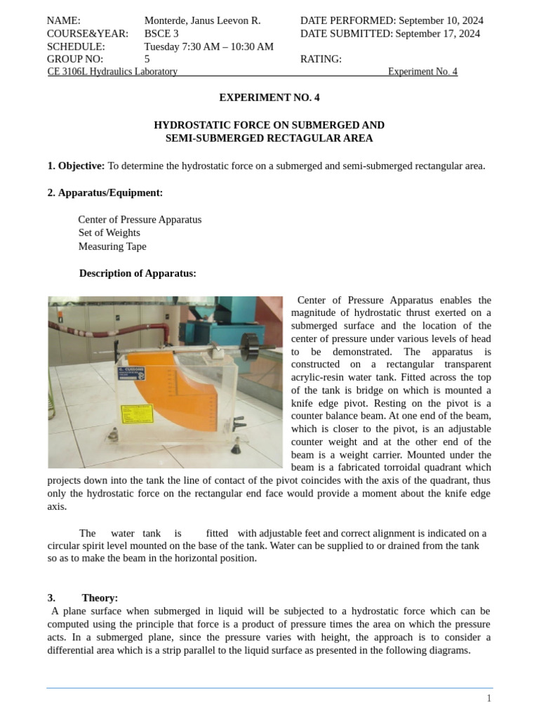 Experiment No. 4 Hydrostatic Force On Submerged and Semi-Submerged Rectangular Area | PDF ...
