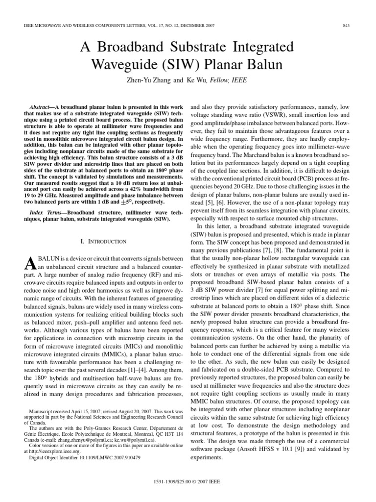 A Broadband Substrate Integrated Waveguide (SIW) Planar Balun - MWCL ...