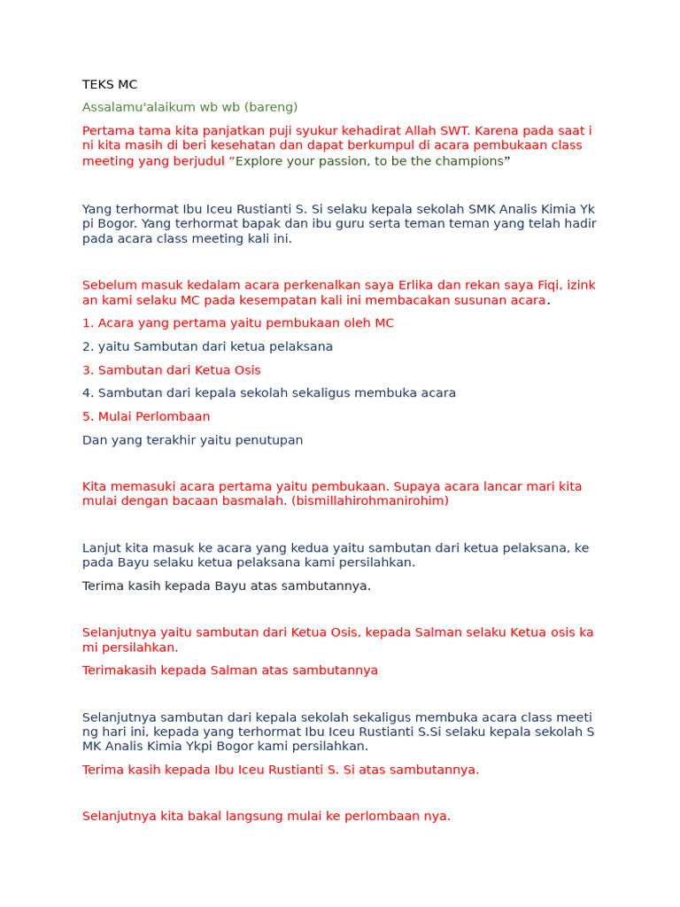 Teks MC Classmeet 2024 | PDF