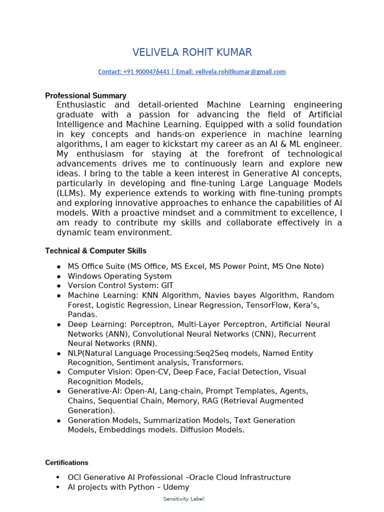 VELIVELA ROHIT KUMAR ML Engineer | PDF | Machine Learning | Artificial Intelligence