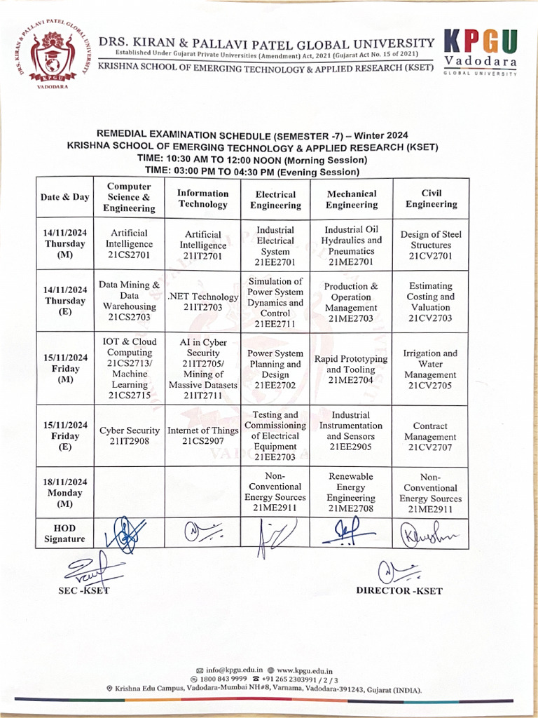 7th Sem Remedial Schedule - KSET | PDF